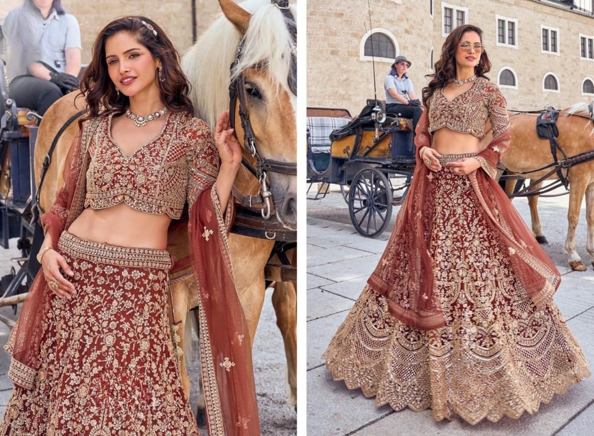 Rustic Umber Net Readymade Lehenga Set – Akarshannz